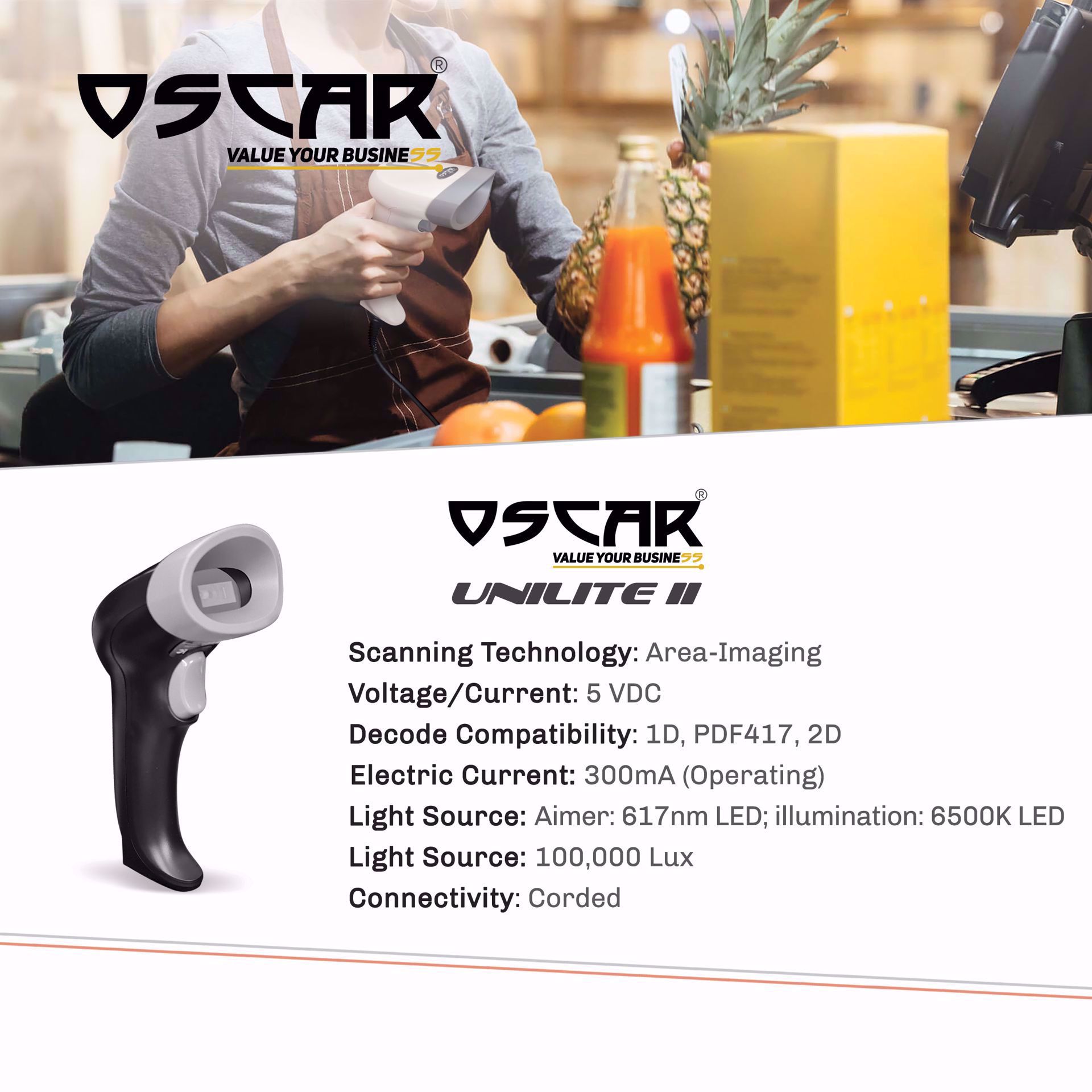 OSCAR Smart Electronics-OSCAR UniLite II Area Imager 2D QR 1D Wired Barcode Scanner Black