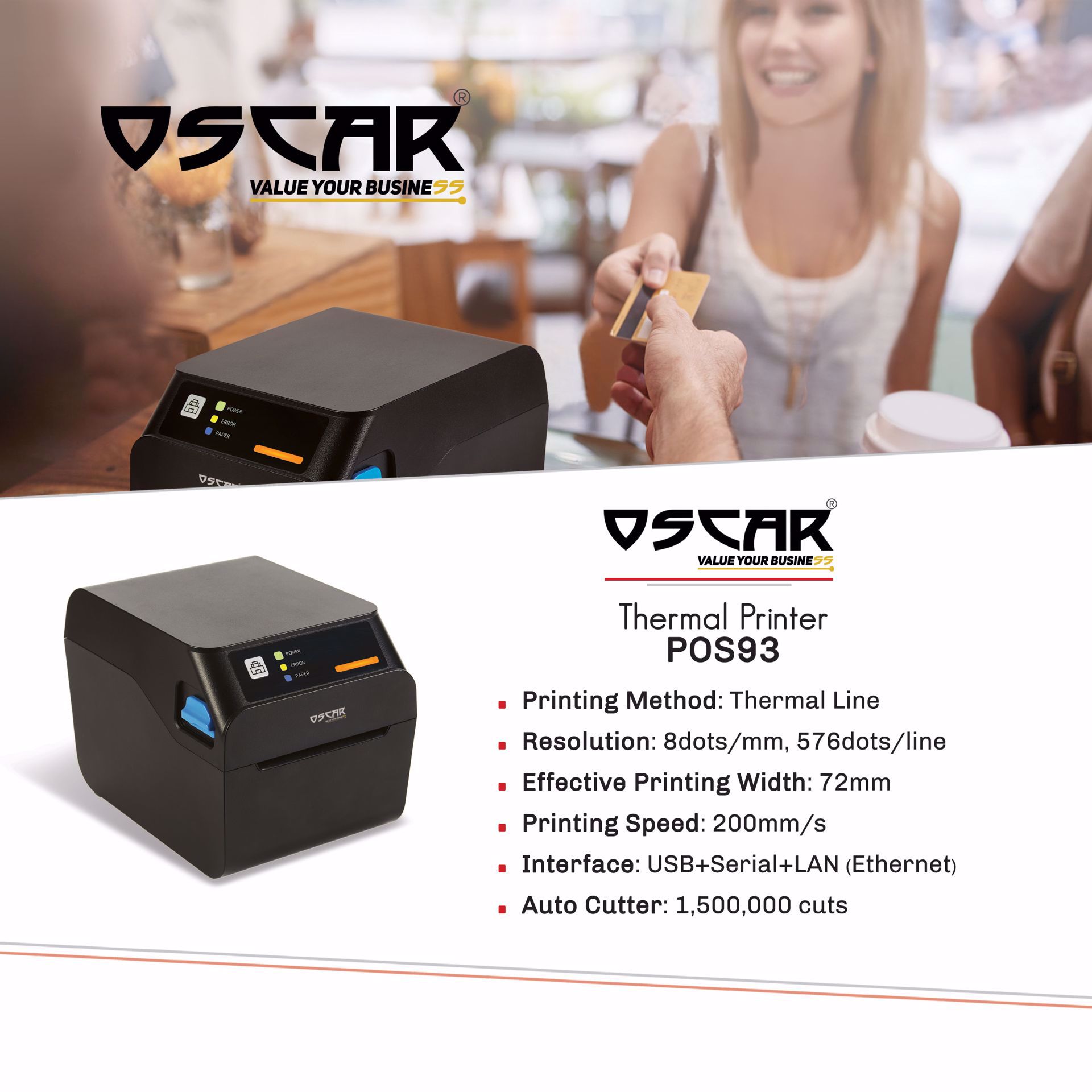 OSCAR Smart Electronics-OSCAR POS93 Kitchen KOT Thermal Receipt Printer USB+Serial+Ethernet Black