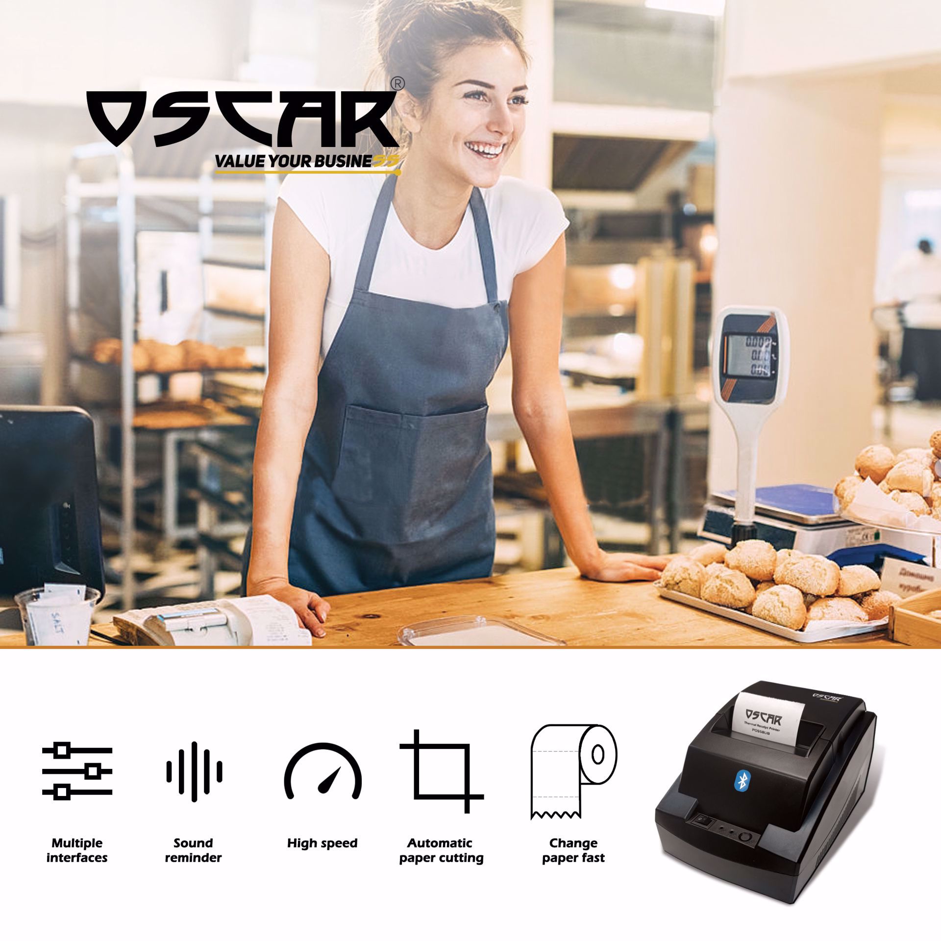 OSCAR Smart Electronics-OSCAR POS58UB Thermal Receipt Printer USB+Bluetooth Black