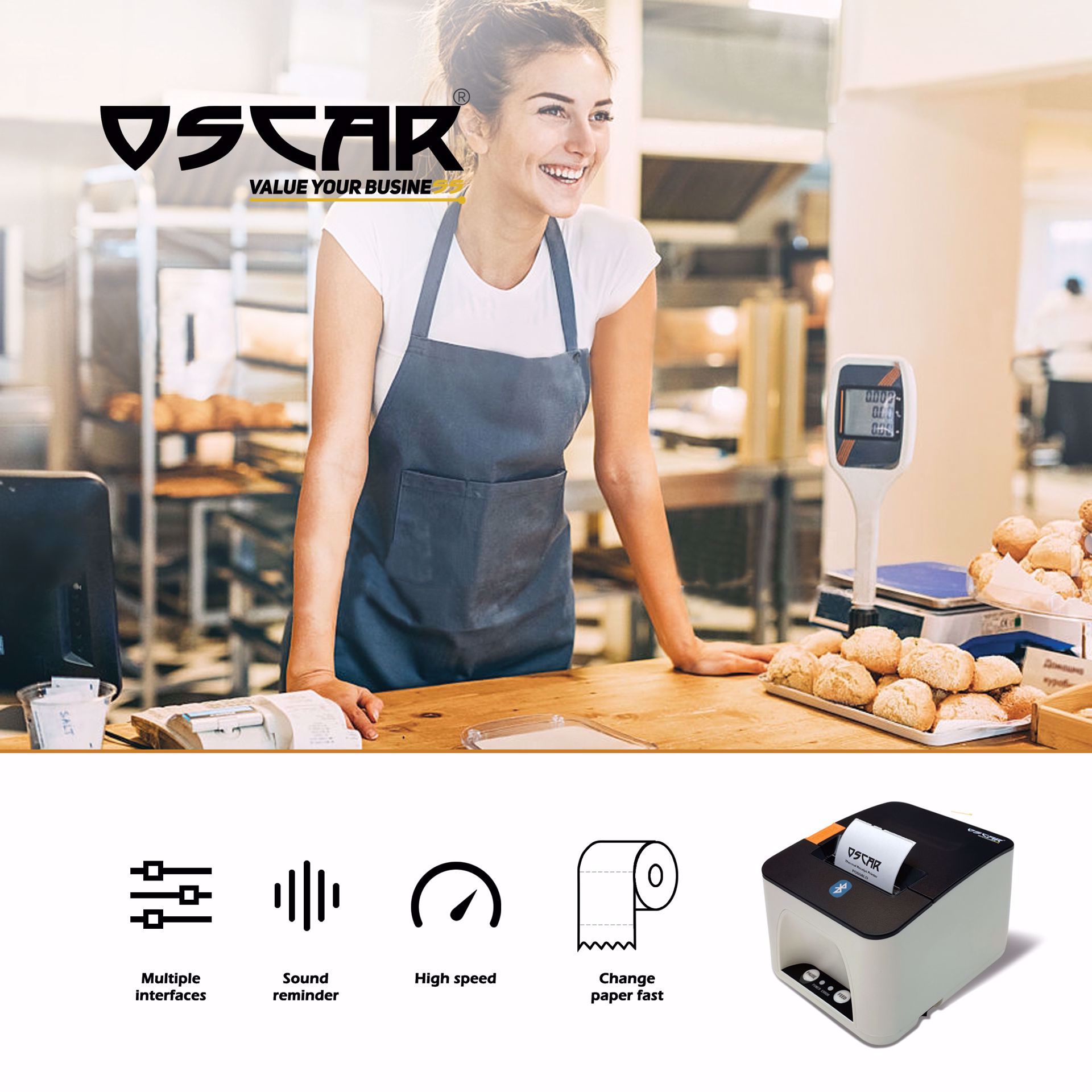 OSCAR Smart Electronics-OSCAR POS58LD Thermal Label & Receipt Printer USB+Bluetooth White