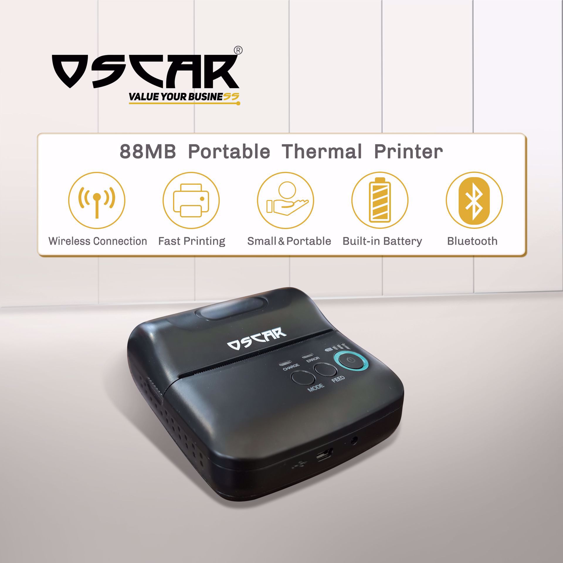 OSCAR Smart Electronics-OSCAR POS88MB Thermal Mobile Receipt Printer USB+Bluetooth Black
