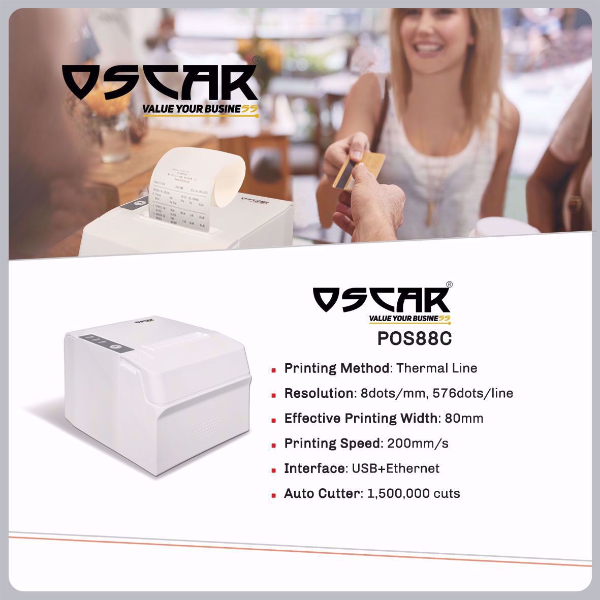 OSCAR Smart Electronics-OSCAR POS88C 80mm Thermal Bill POS Receipt Printer USB+Ethernet White