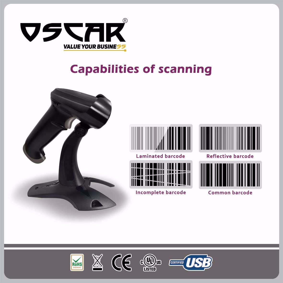 OSCAR Smart Electronics-OSCAR UniBar Imager 1D Wired Barcode Scanner Black