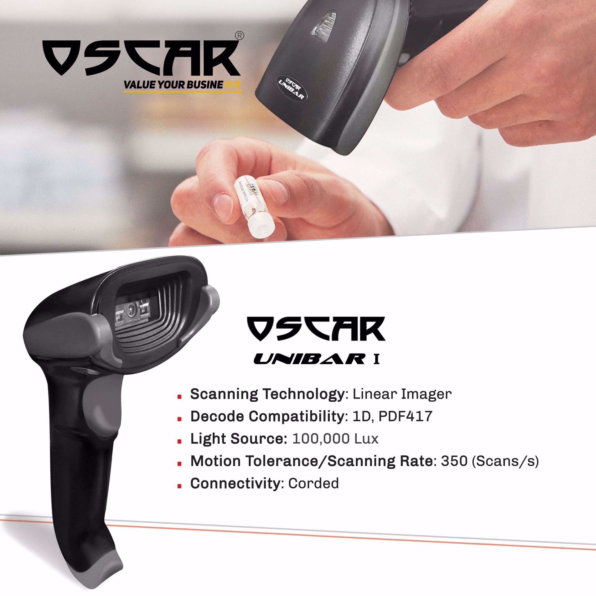 OSCAR Smart Electronics-OSCAR UniBar Imager 1D Wired Barcode Scanner Black