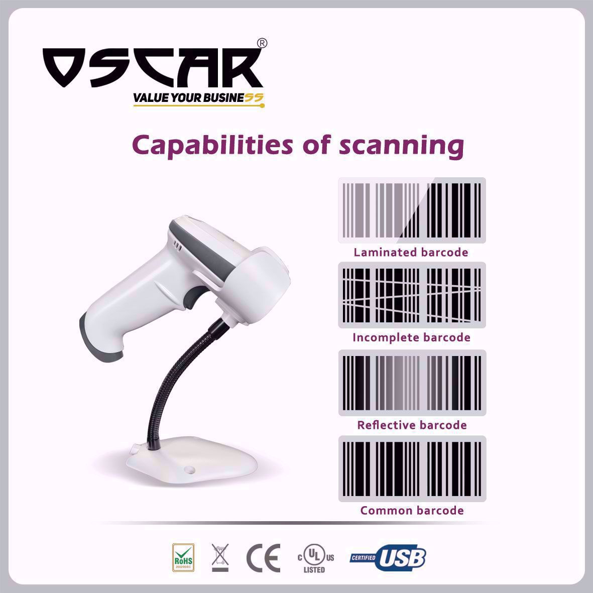 OSCAR Smart Electronics-OSCAR UniBar Imager 1D Wired Barcode Scanner White
