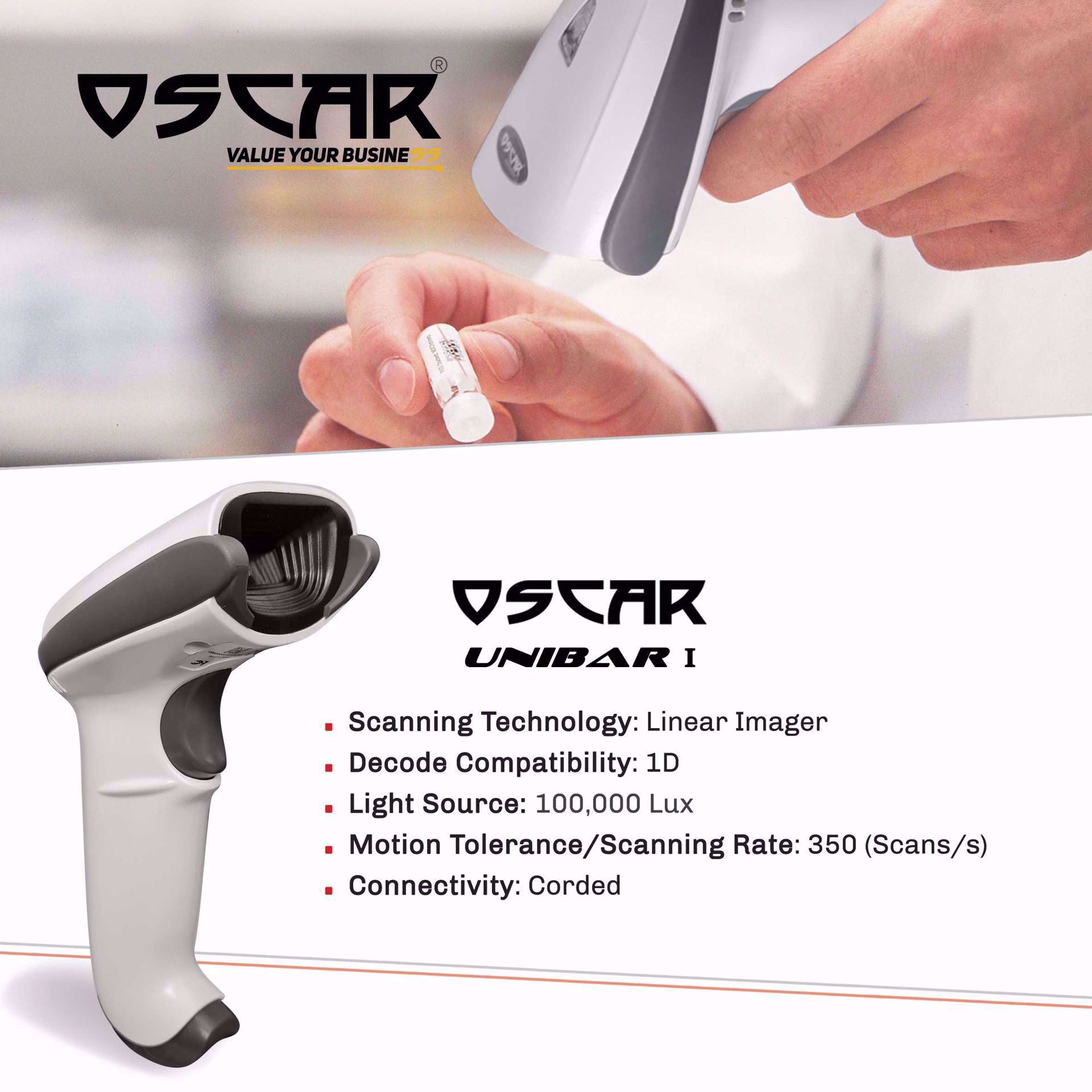OSCAR Smart Electronics-OSCAR UniBar Imager 1D Wired Barcode Scanner White