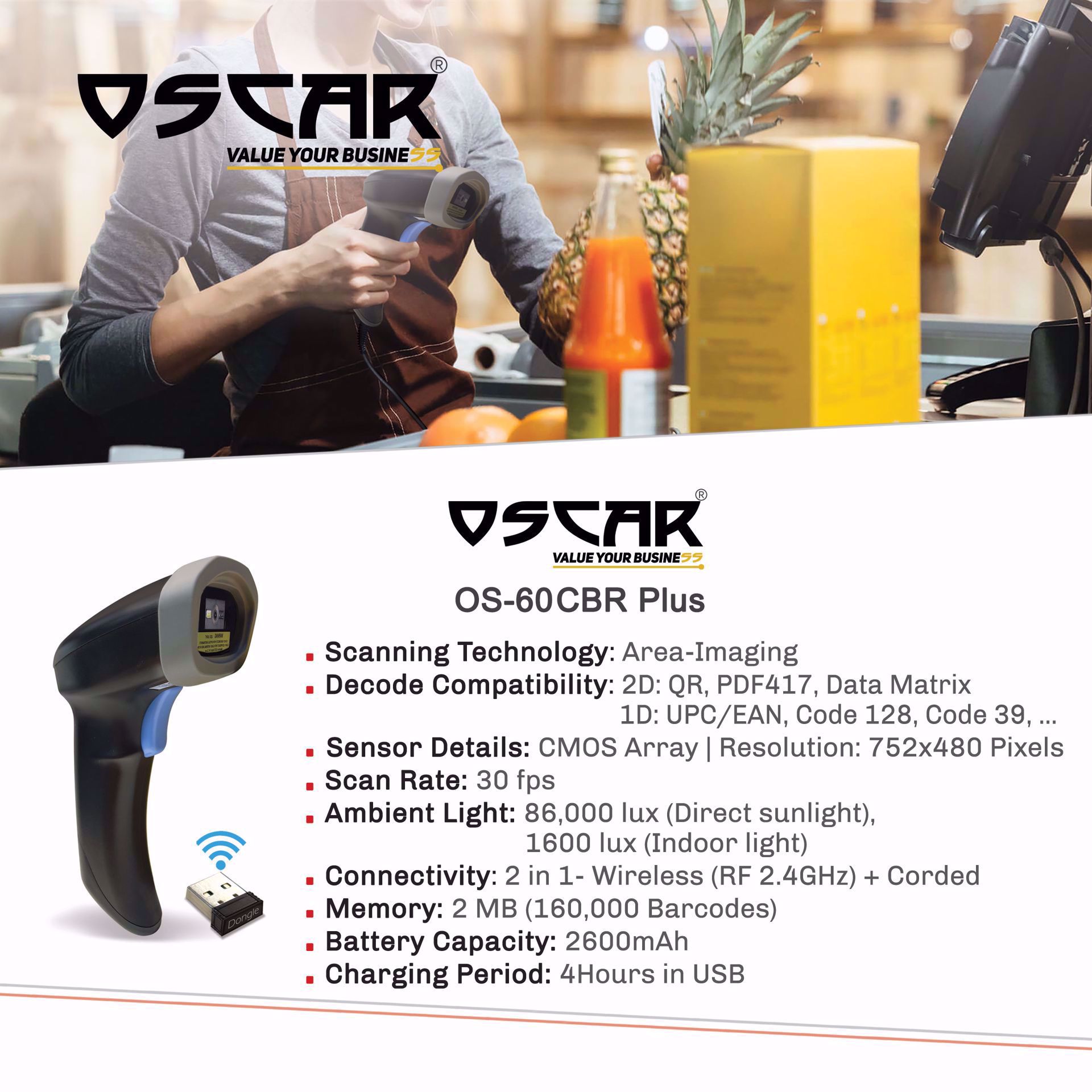 OSCAR Smart Electronics-OSCAR OS-60CBR PLUS Wireless Area Imager 2D QR ...